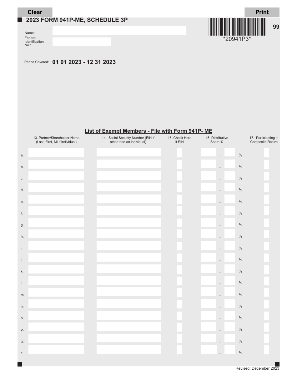 Form 941P-ME Schedule 3P Download Fillable PDF or Fill Online List of ...