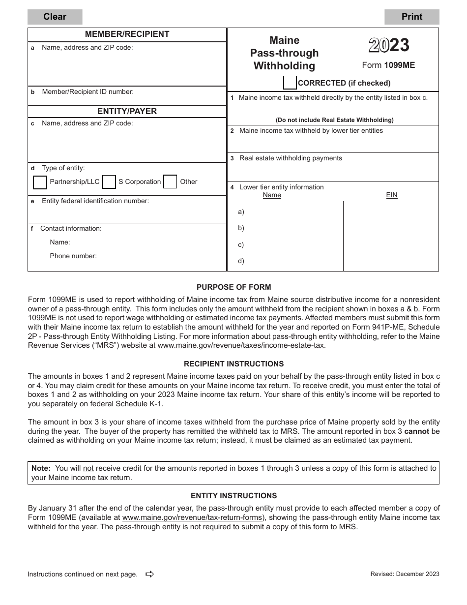 Form 1099ME Download Fillable PDF or Fill Online Maine Pass-Through Withholding - 2023, Maine ...