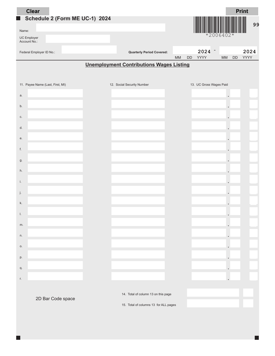 Form ME UC-1 Schedule 2 Download Fillable PDF or Fill Online Unemployment Contributions Wages ...