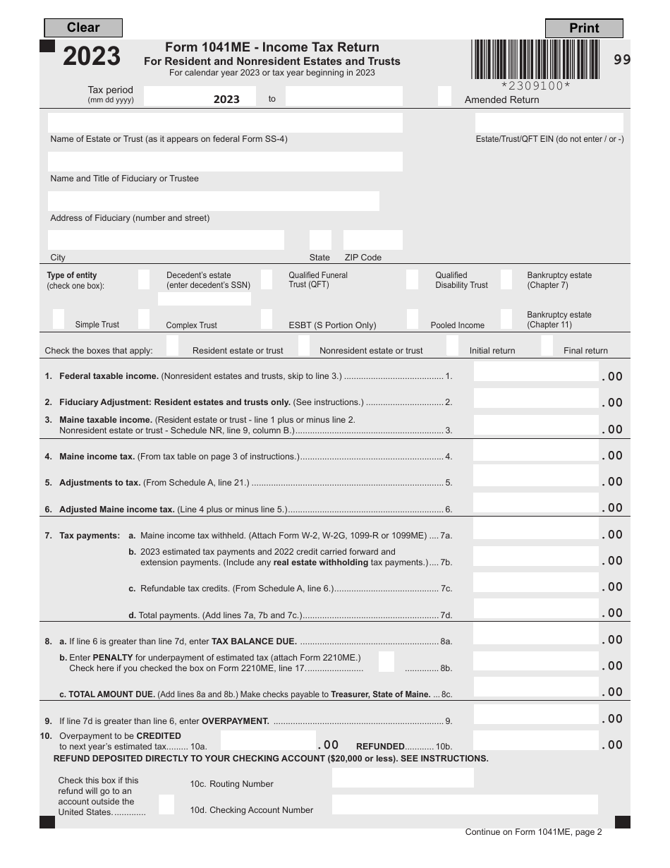Form 1041ME Download Fillable PDF or Fill Online Income Tax Return for ...