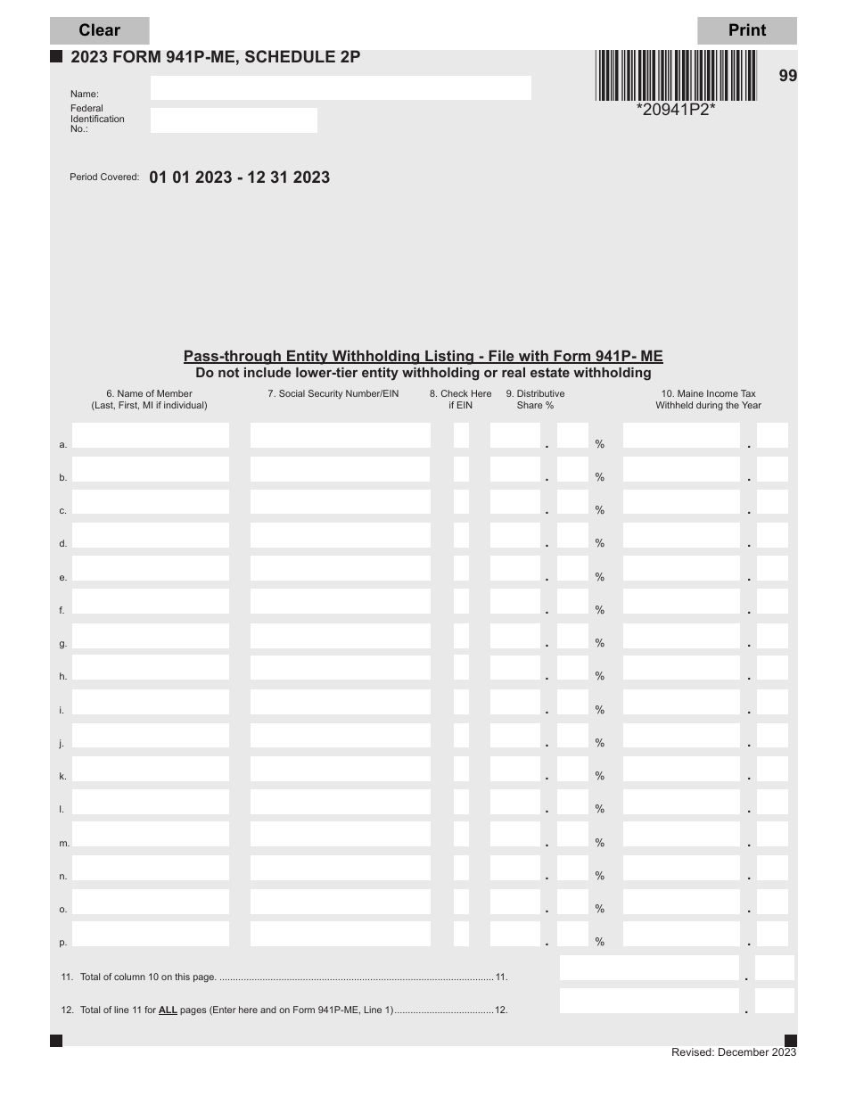 Form 941P-ME Schedule 2P - 2023 - Fill Out, Sign Online and Download Fillable PDF, Maine ...