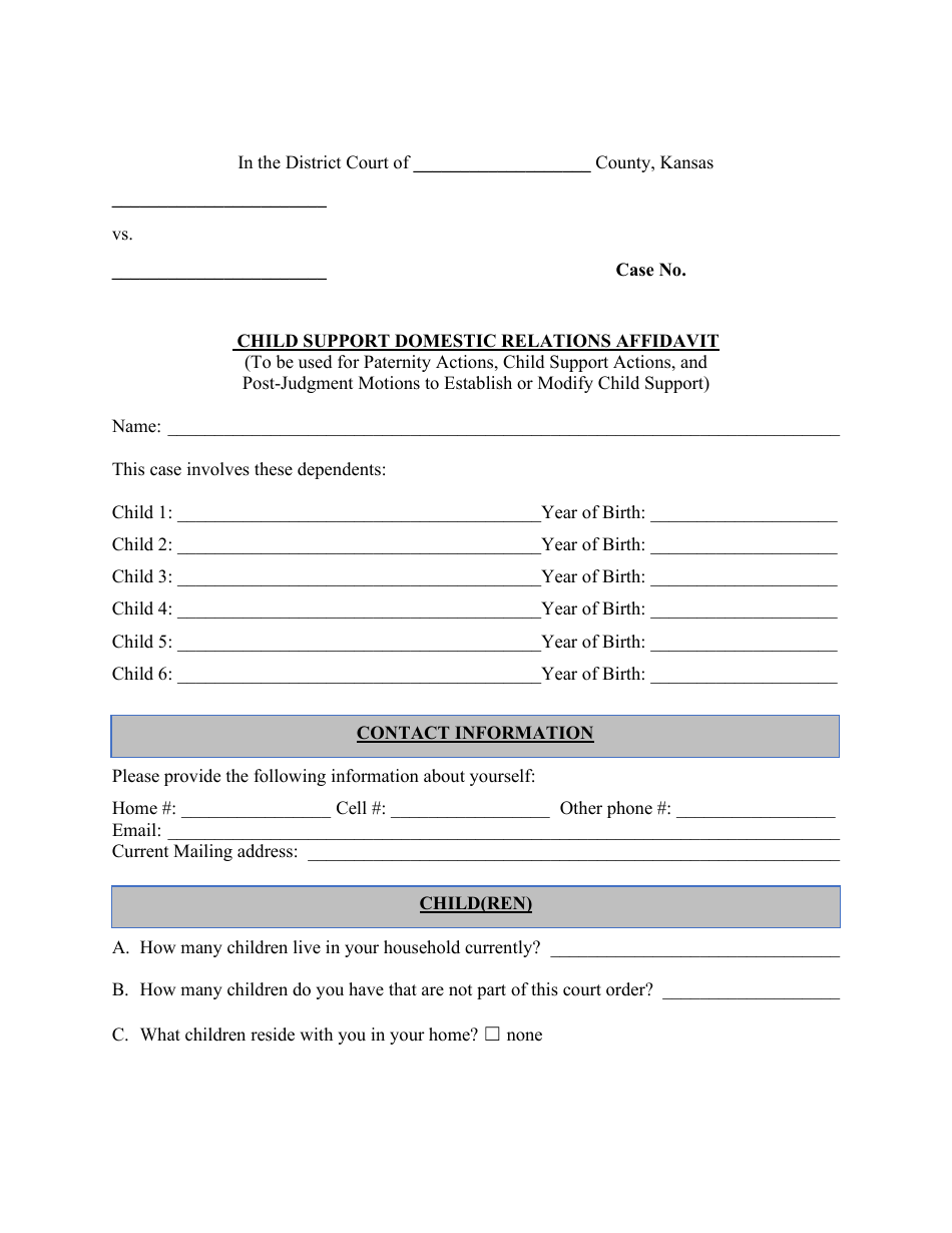 Kansas Child Support Domestic Relations Affidavit - Fill Out, Sign ...