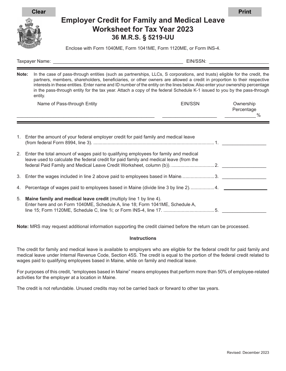 2023 Maine Employer Credit for Family and Medical Leave Worksheet ...