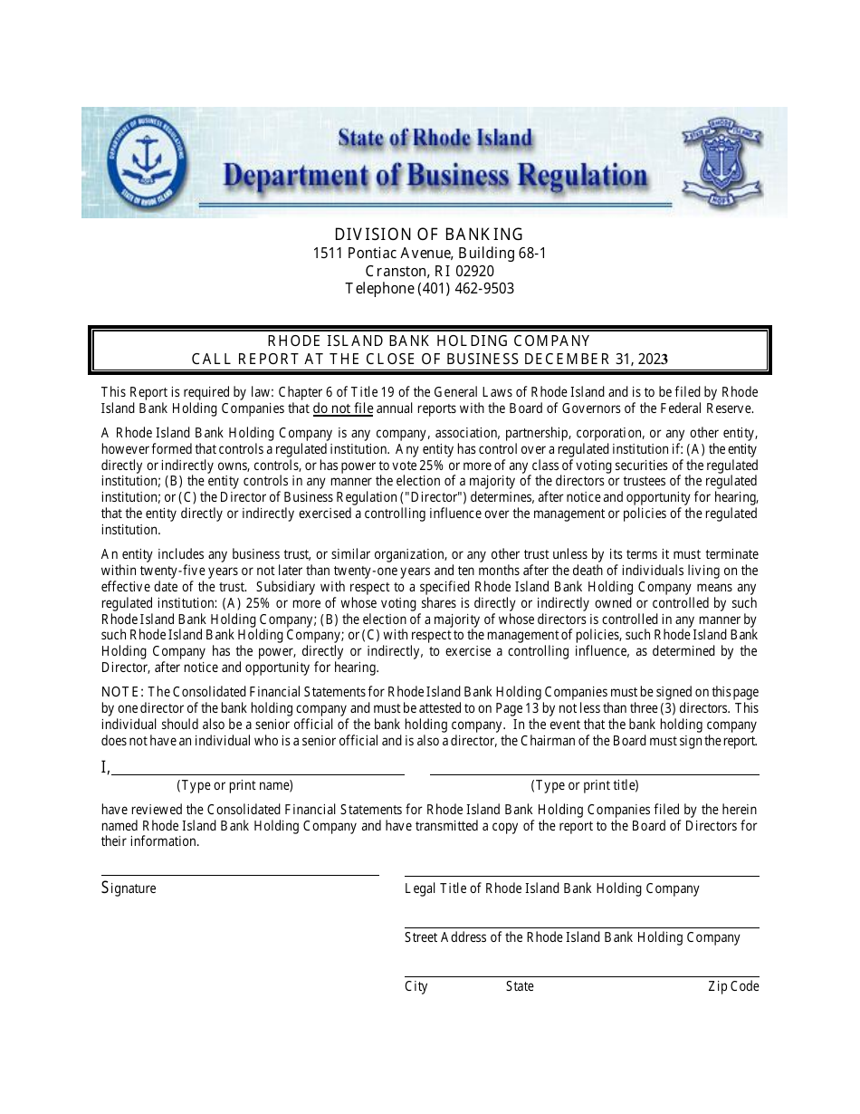 2023 Rhode Island Rhode Island Bank Holding Company Call Report - Fill ...