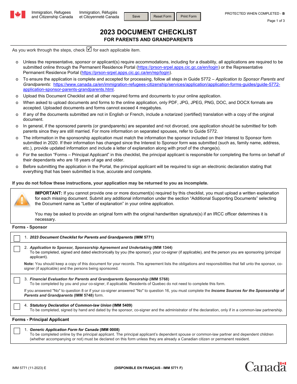 Form IMM5771 Download Fillable PDF or Fill Online Document Checklist ...