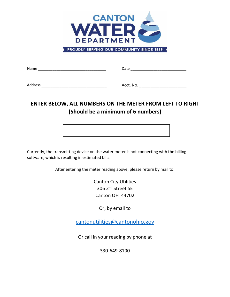 City of Canton, Ohio Meter Card Reading Form - Fill Out, Sign Online ...