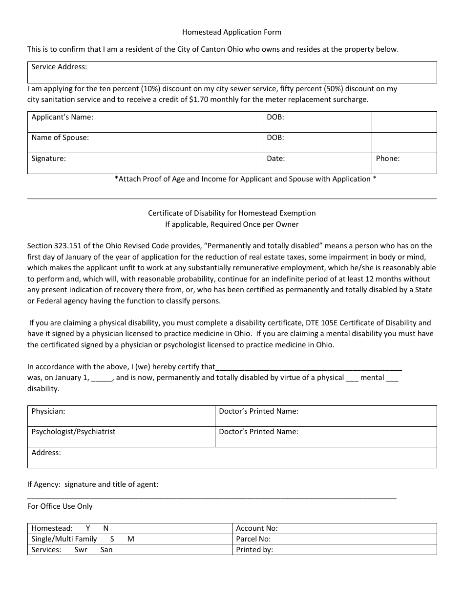 Canton City, Ohio Homestead Application Form - Fill Out, Sign Online ...