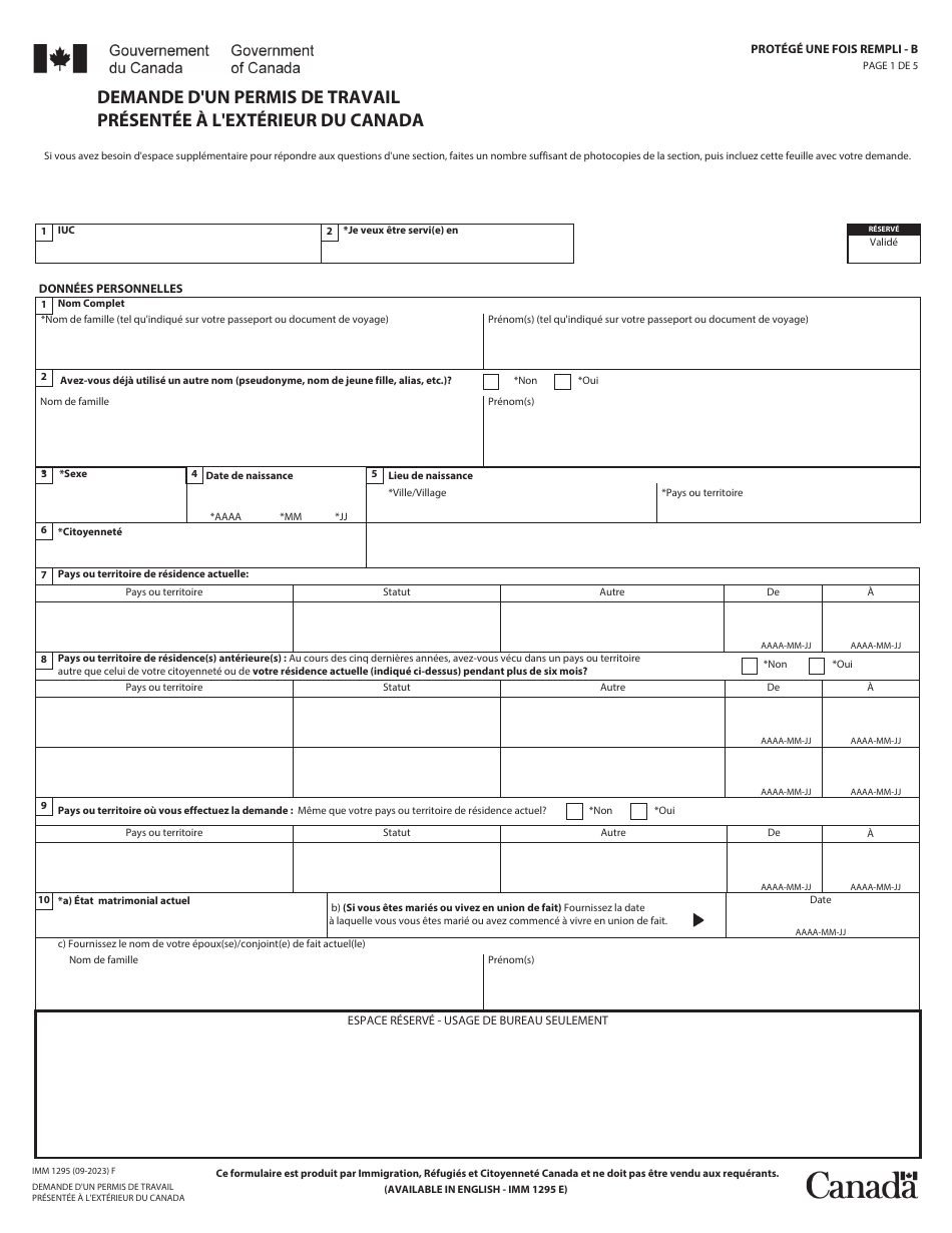 Form IMM1295 Download Fillable PDF or Fill Online Demande D'un Permis ...