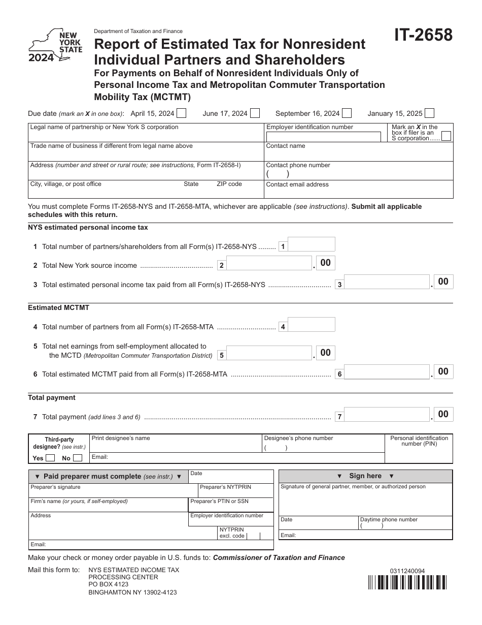 Form IT-2658 Download Fillable PDF or Fill Online Report of Estimated ...