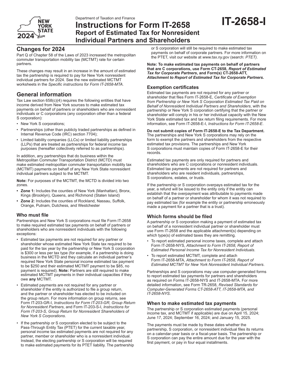 Download Instructions for Form IT-2658 Report of Estimated Tax for ...