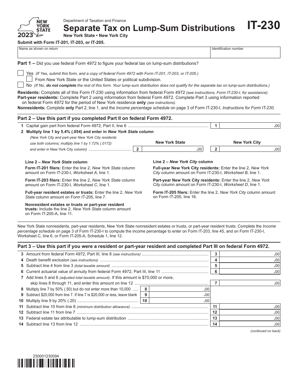Form IT-230 Download Fillable PDF or Fill Online Separate Tax on Lump ...
