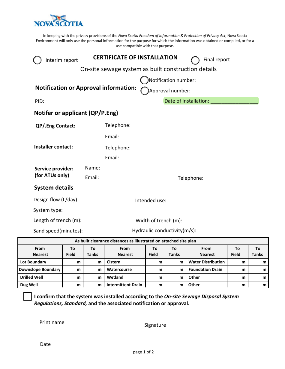 Nova Scotia Canada Certificate of Installation Download Fillable PDF | Templateroller