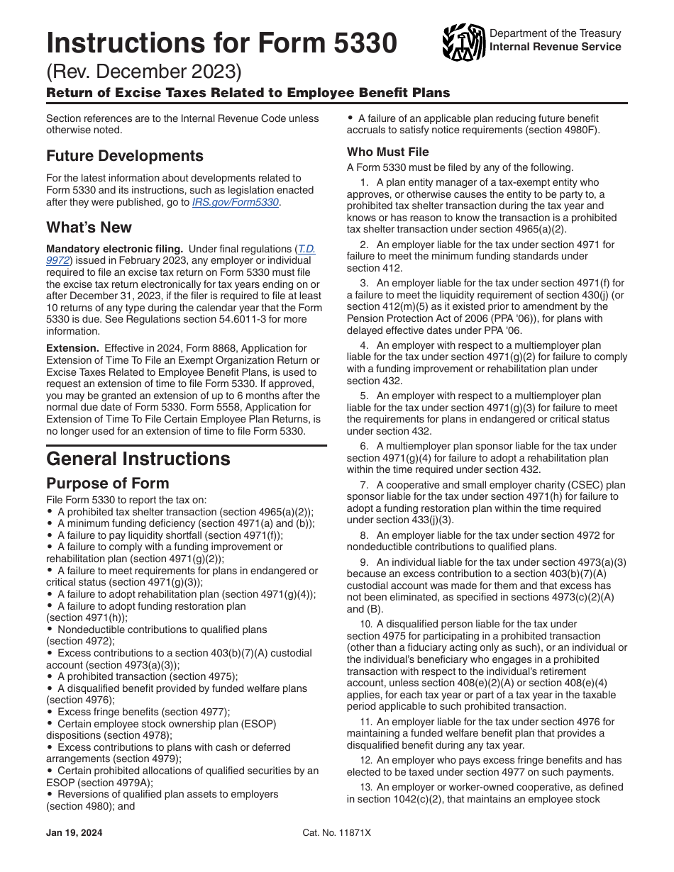 Download Instructions for IRS Form 5330 Return of Excise Taxes Related ...
