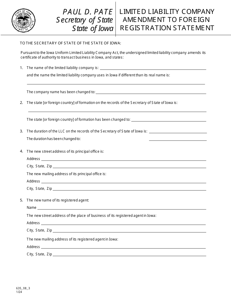 Iowa Limited Liability Company Amendment to Foreign Registration ...