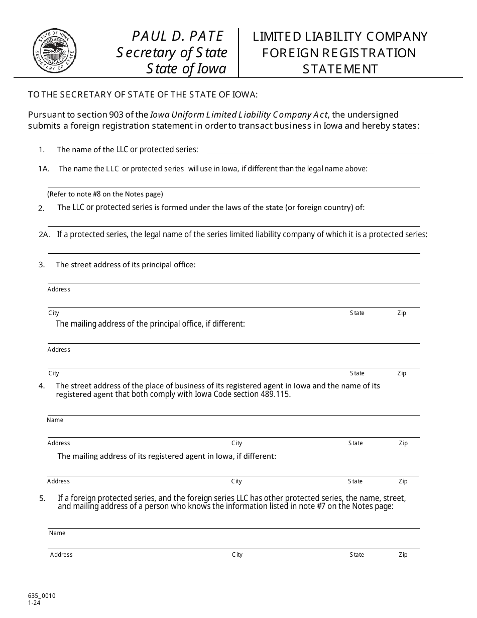 Iowa Limited Liability Company Foreign Registration Statement - Fill ...