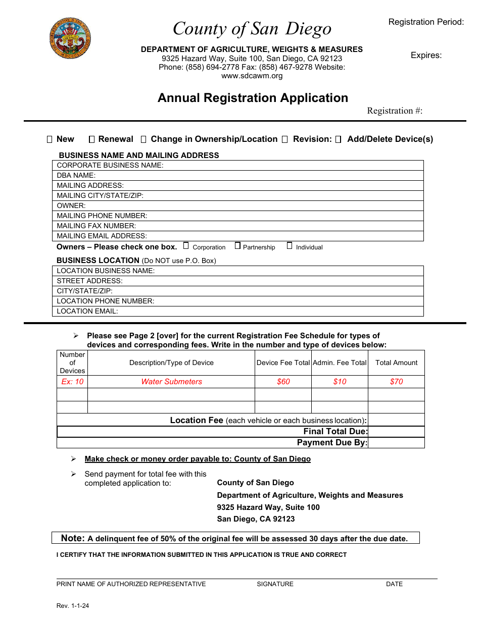 County of San Diego, California Annual Registration Application ...