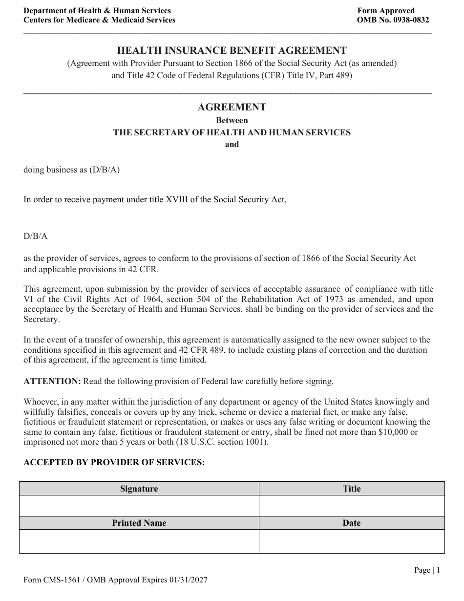 Form CMS-1561 Download Fillable PDF or Fill Online Health Insurance ...