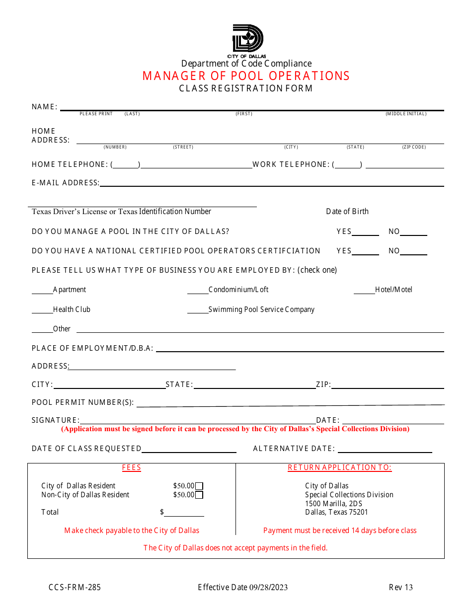 Form CCS-FRM-285 Download Printable PDF or Fill Online Manager of Pool ...