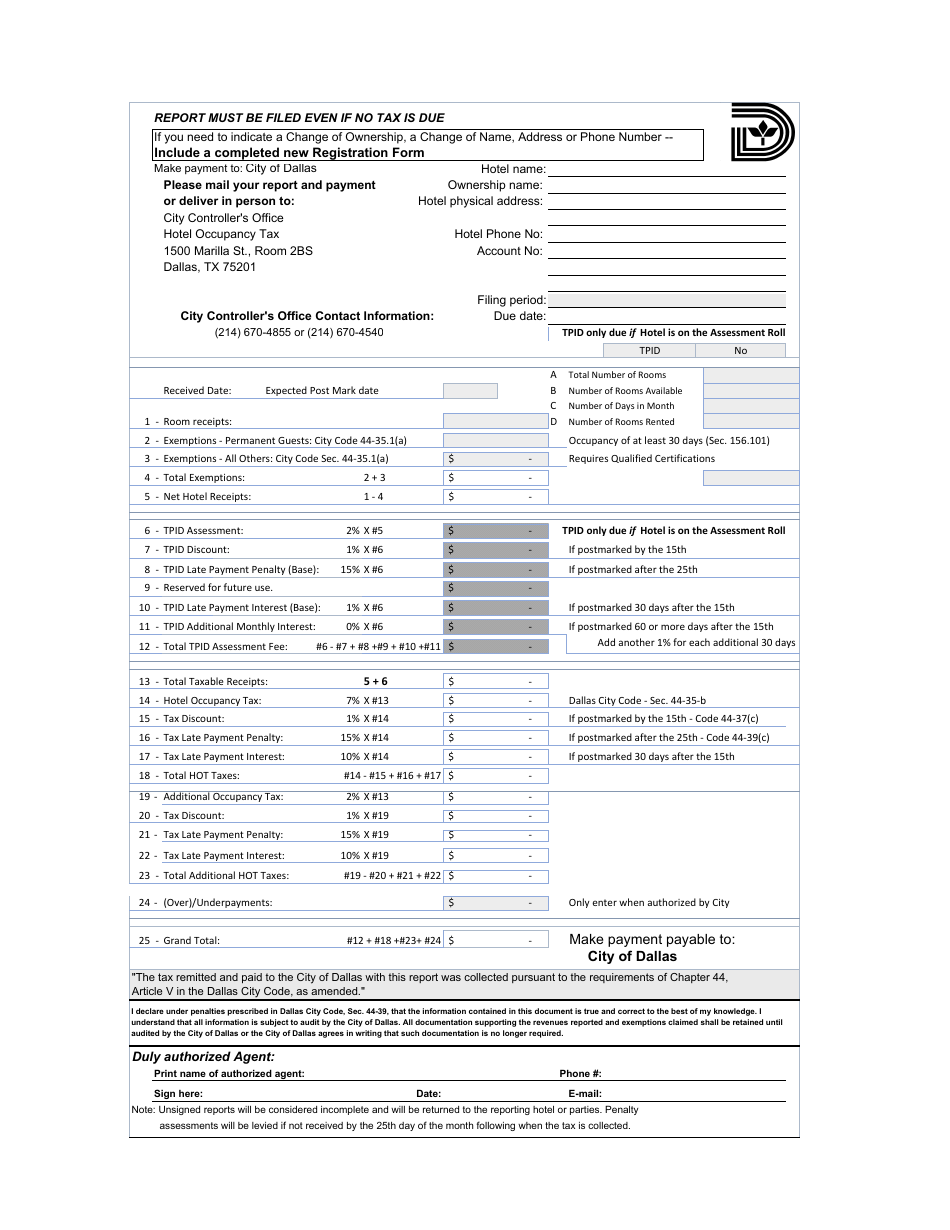 City of Dallas, Texas Hotel Occupancy Tax Report Form for Tax Periods ...