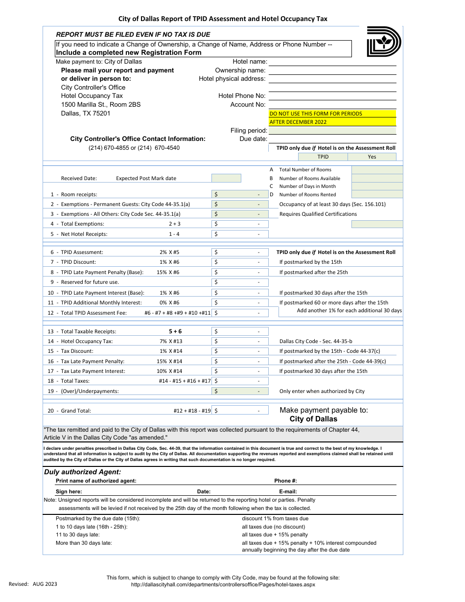 City of Dallas, Texas Tpid Assessment and Hotel Occupancy Tax Report ...