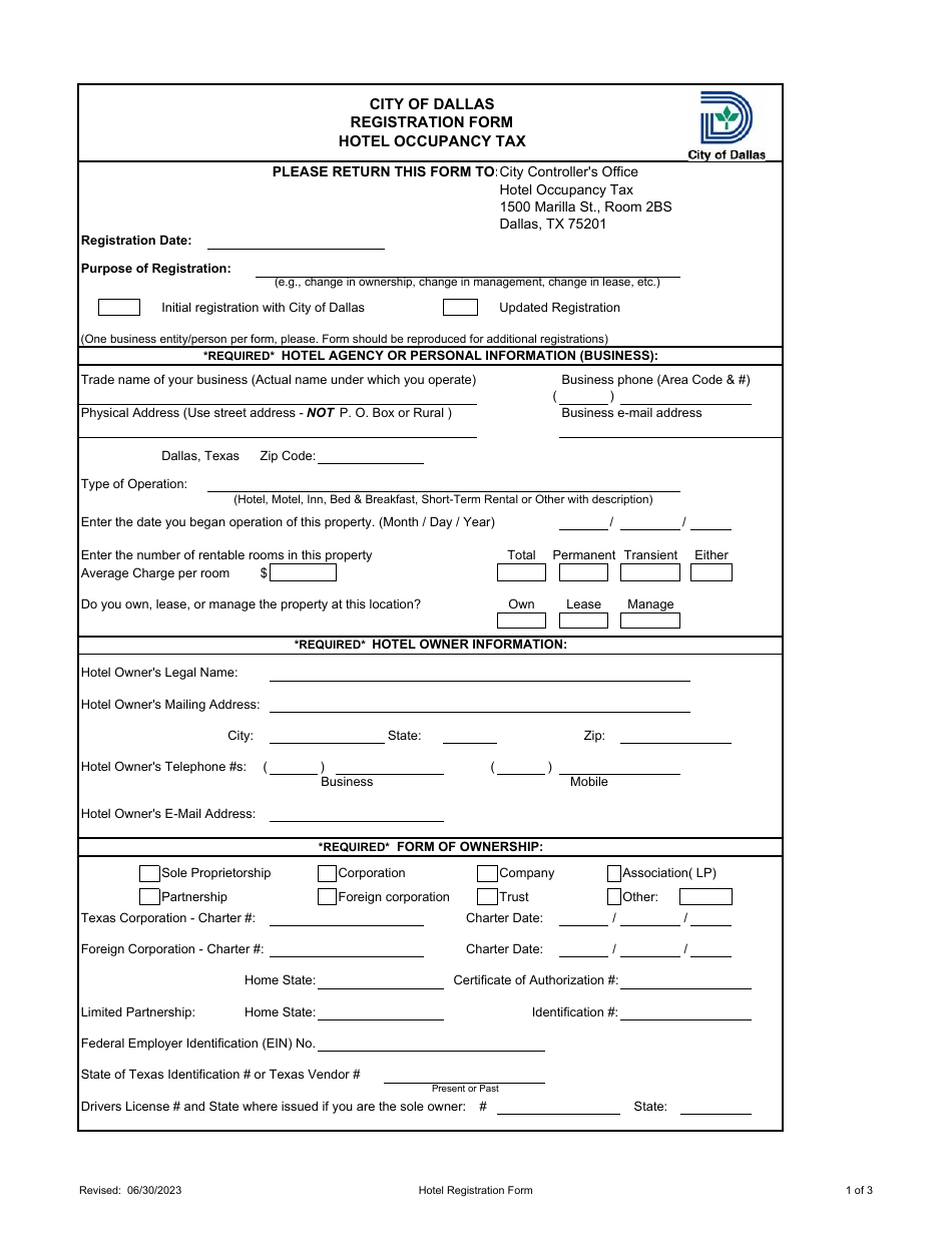 City of Dallas, Texas Hotel Occupancy Tax Registration Form Download ...