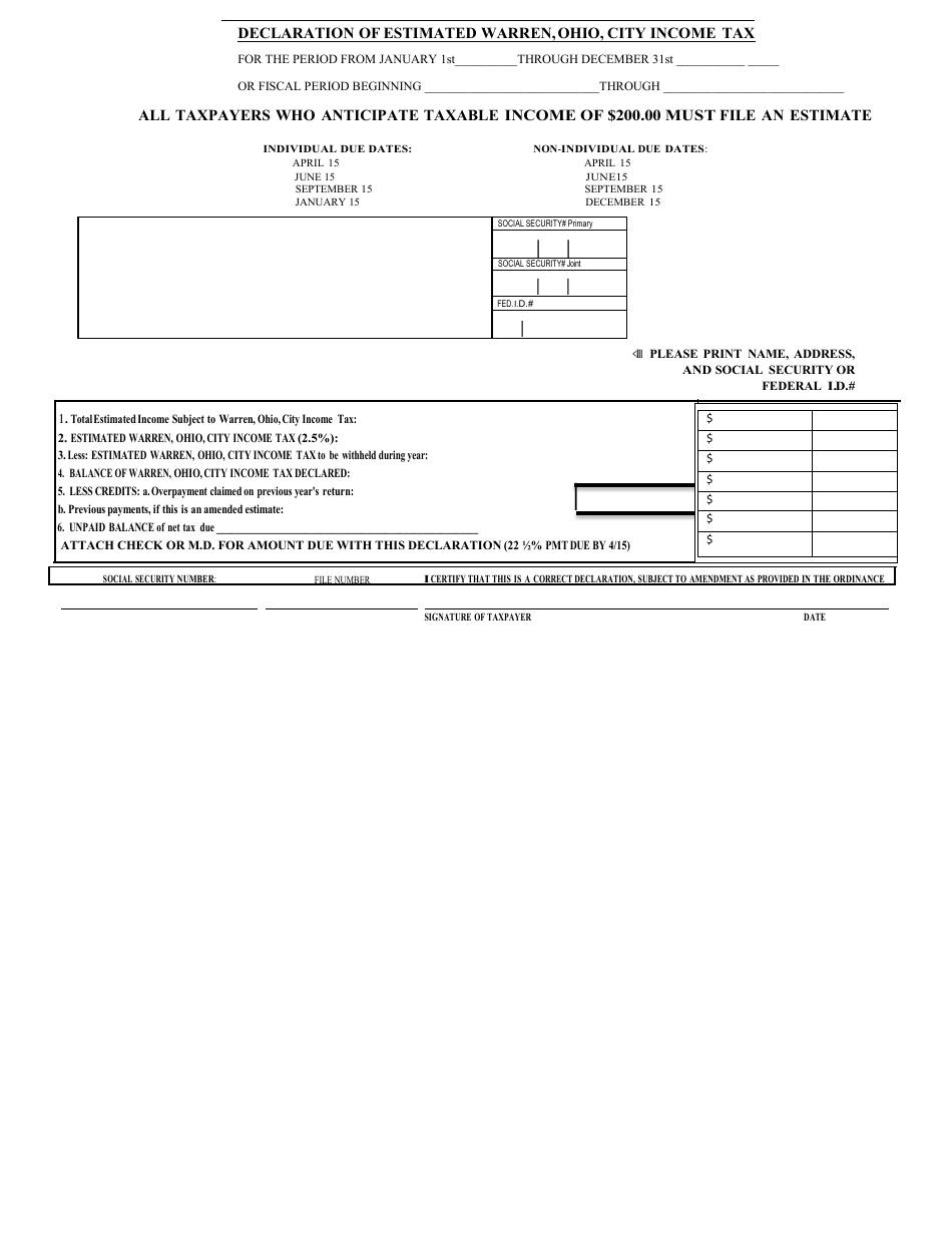 City of Warren, Ohio Declaration of Estimated Income Tax - Fill Out ...