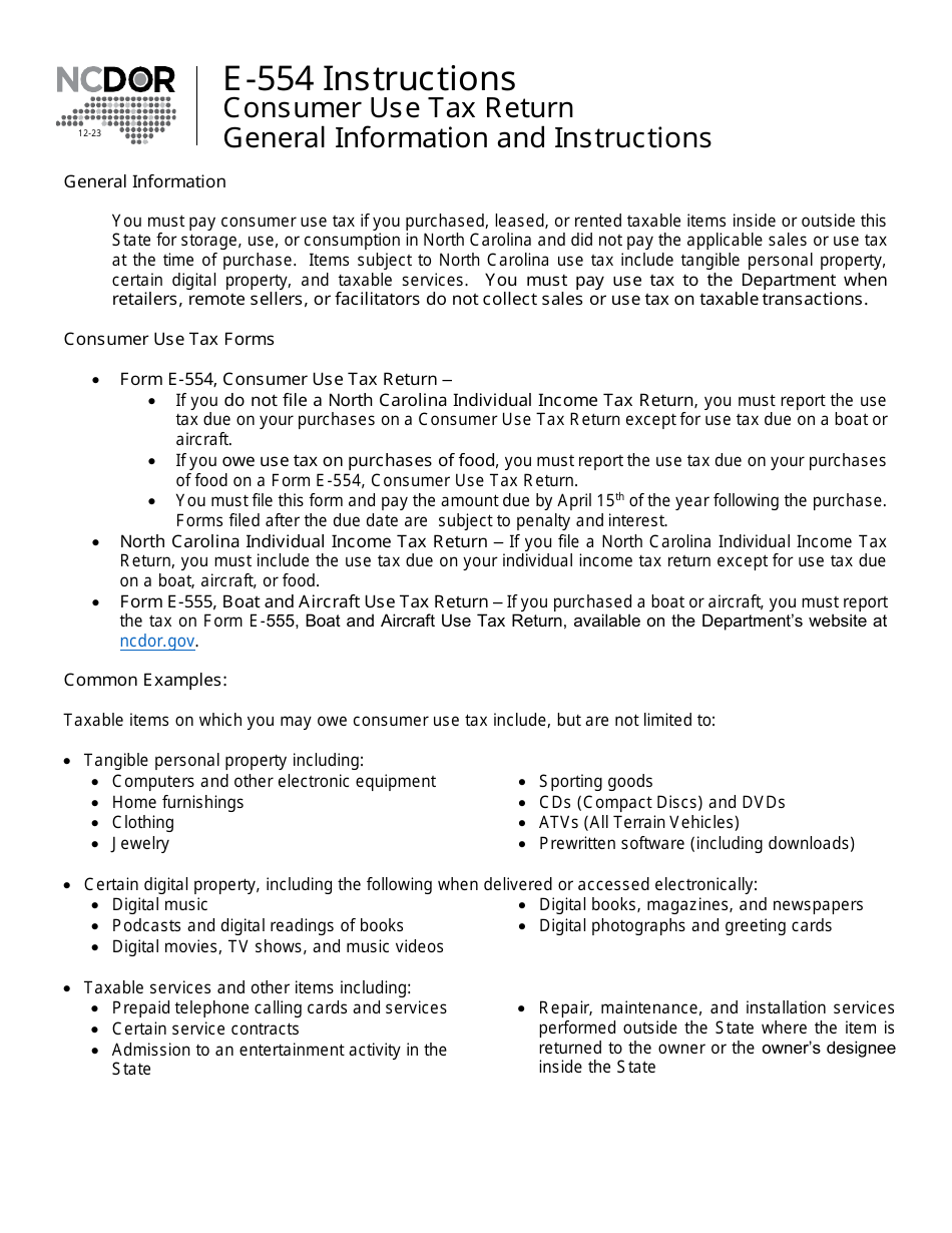 Download Instructions for Form E-554 Consumer Use Tax Return PDF, 2024 ...