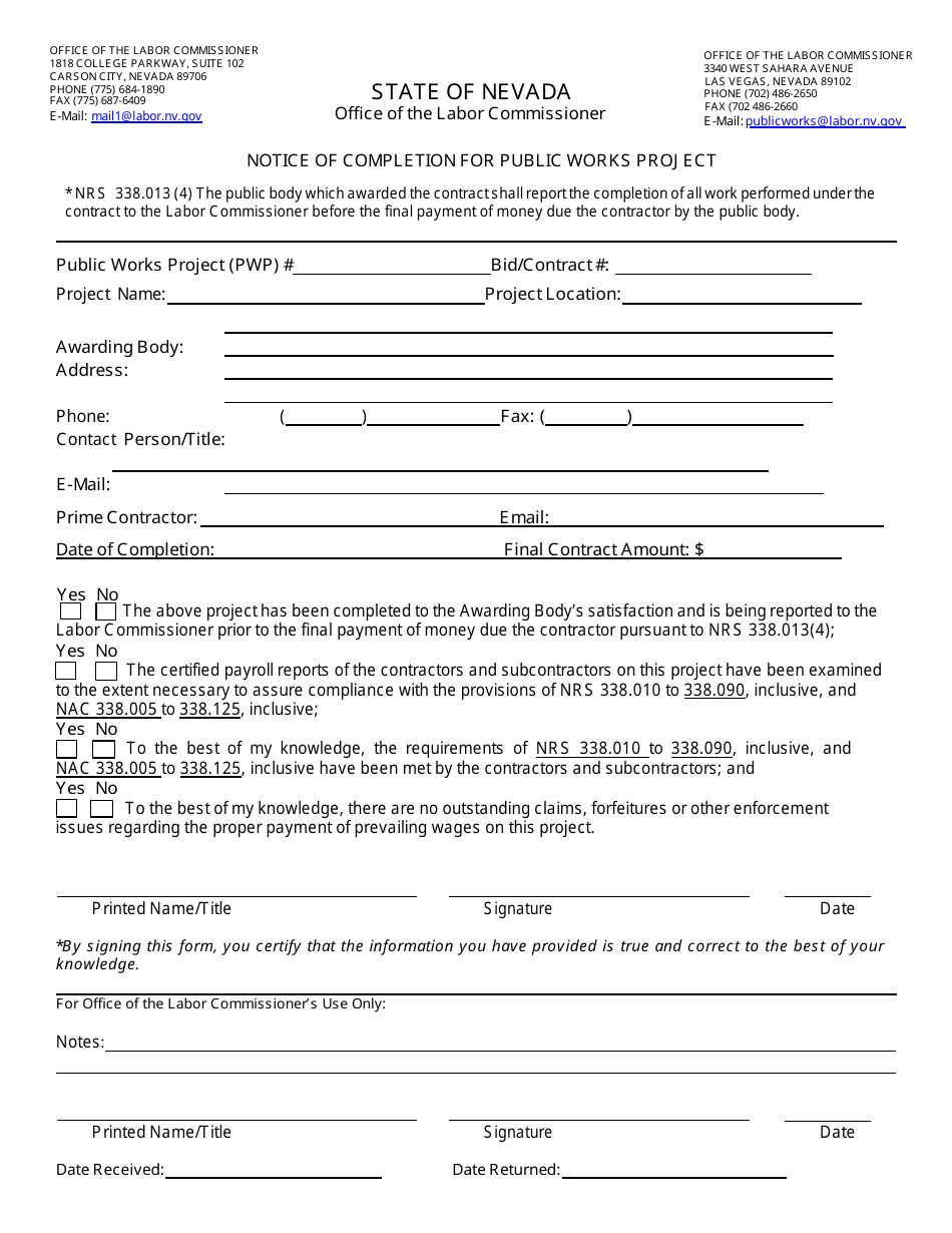 Nevada Notice of Completion for Public Works Project - Fill Out, Sign ...