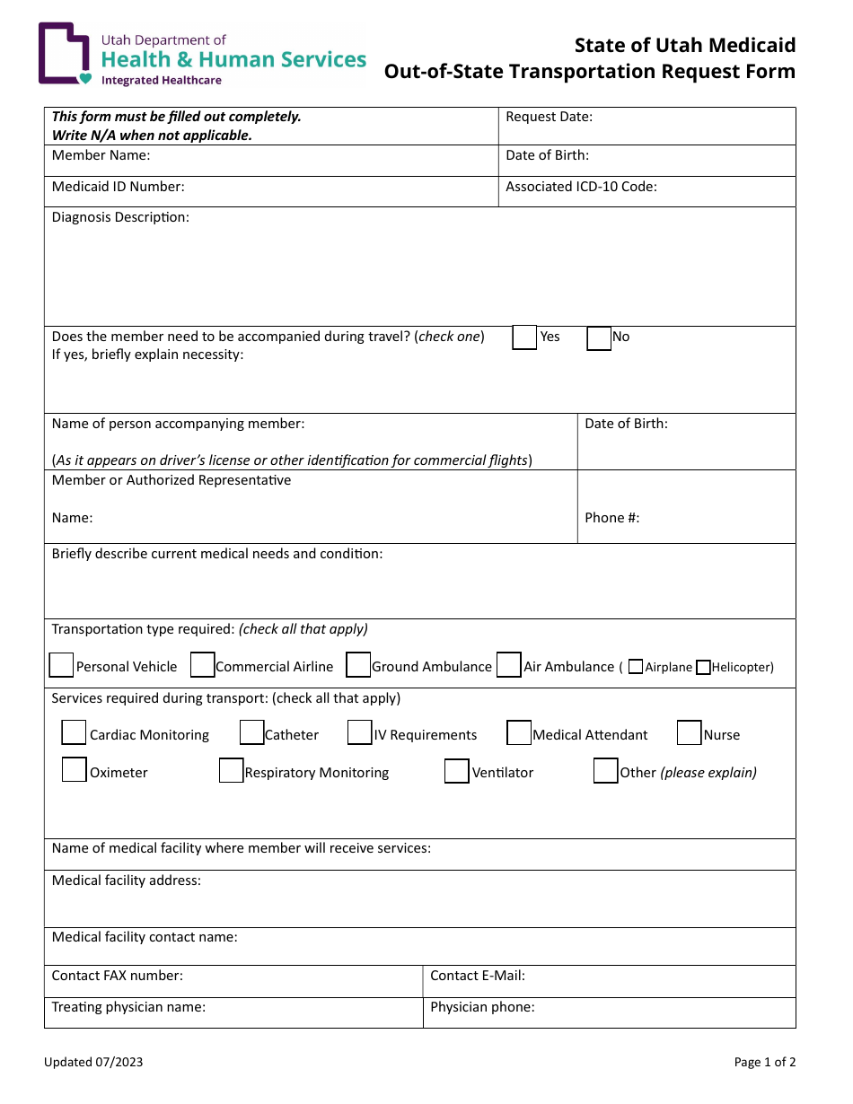 Utah Out-of-State Transportation Request Form Download Fillable PDF ...