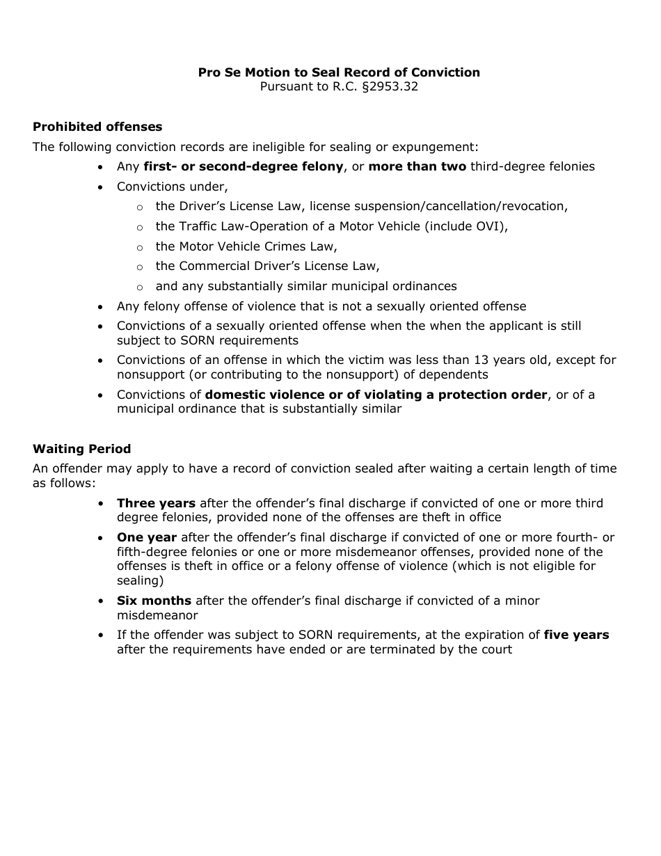 City of Toledo, Ohio Pro Se Motion to Seal Record of Conviction - Fill ...