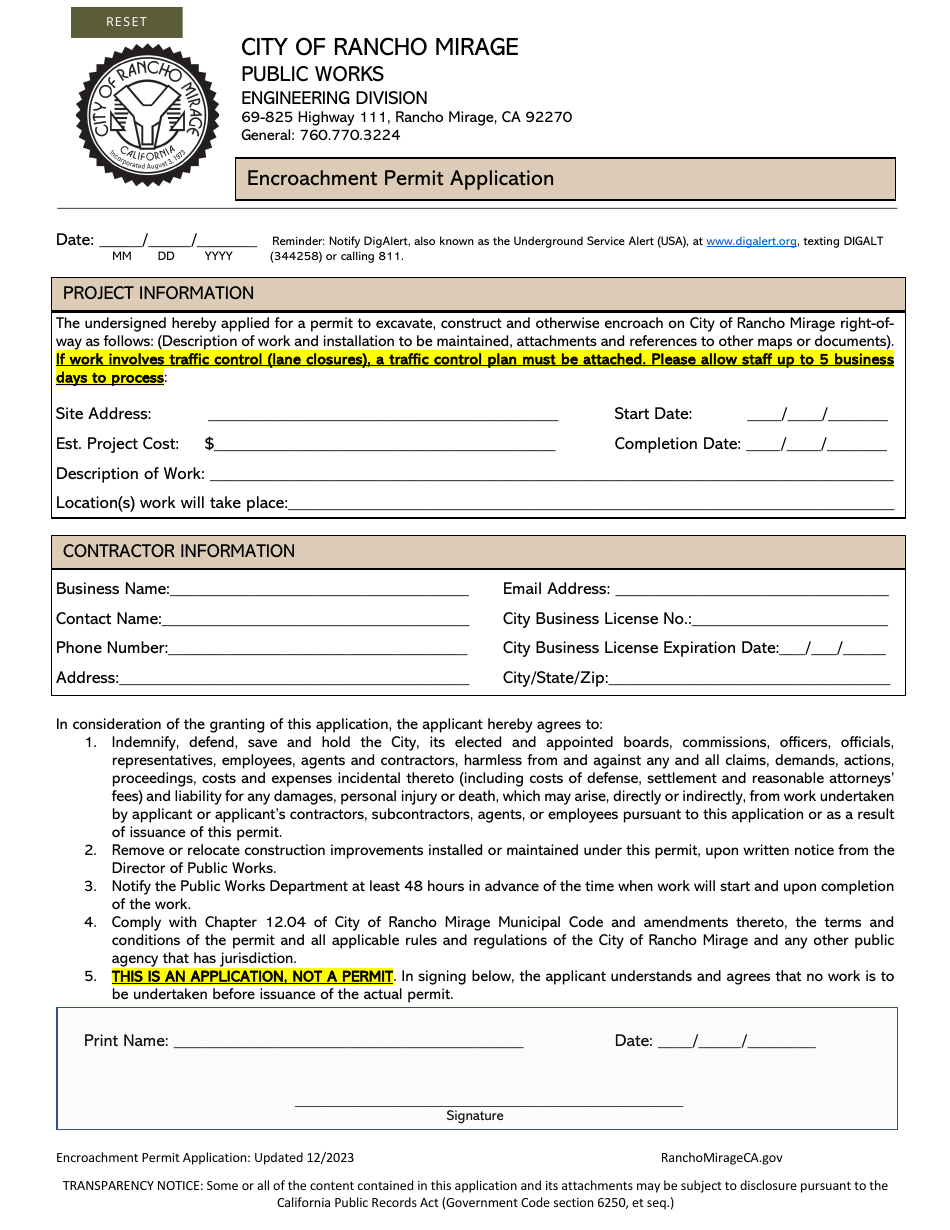 City of Rancho Mirage, California Encroachment Permit Application ...