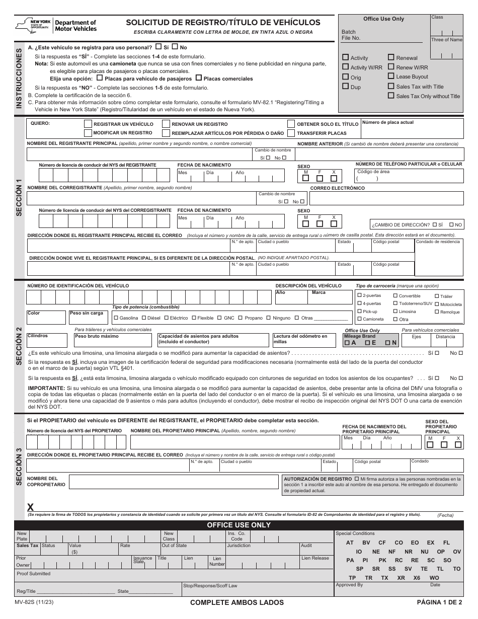 Form MV-82S Download Fillable PDF or Fill Online Solicitud De Registro ...