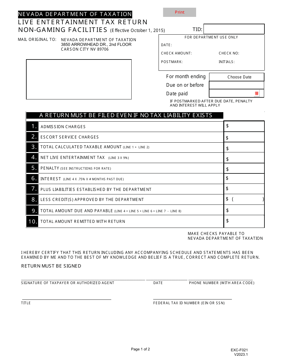 Form EXC-F021 - Fill Out, Sign Online and Download Fillable PDF, Nevada ...