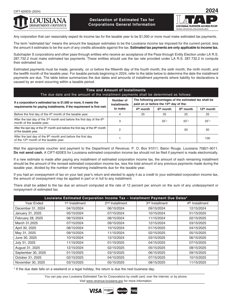 Download Instructions for Form CIFT-620ES Louisiana Estimated Tax ...