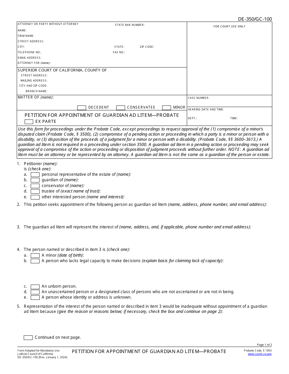 Form DE-350 (GC-100) - Fill Out, Sign Online and Download Fillable PDF ...