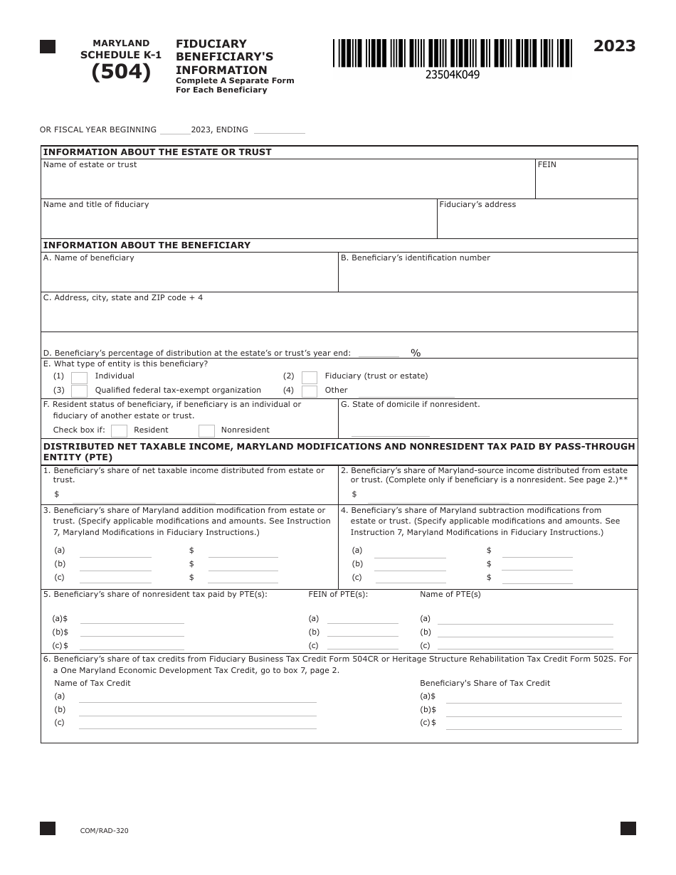 Maryland Form 504 (COM/RAD-320) Schedule K-1 Download Fillable PDF or Fill Online Fiduciary ...