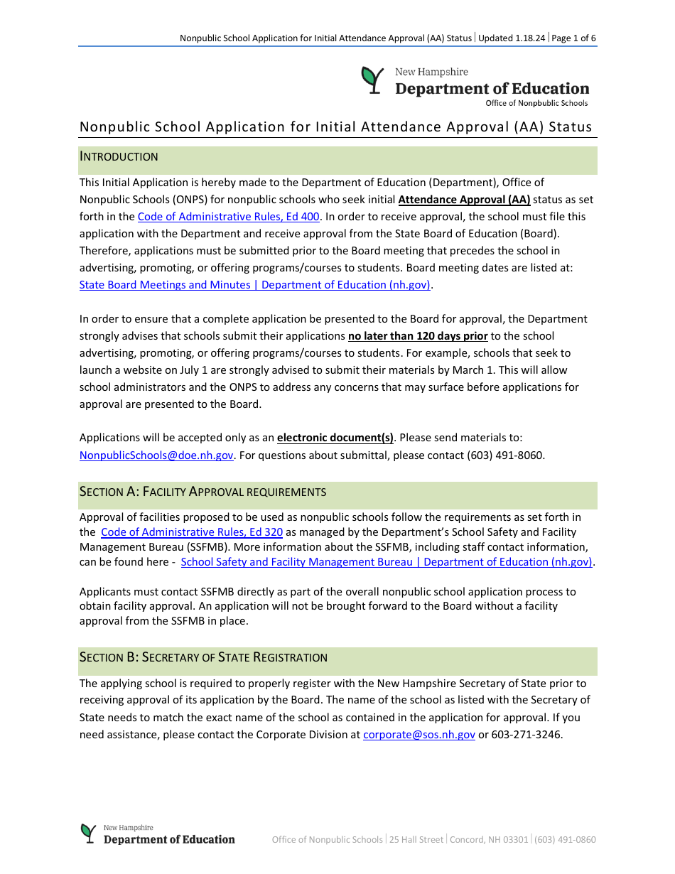 New Hampshire Nonpublic School Application for Initial Attendance Approval (Aa) Status - Fill ...