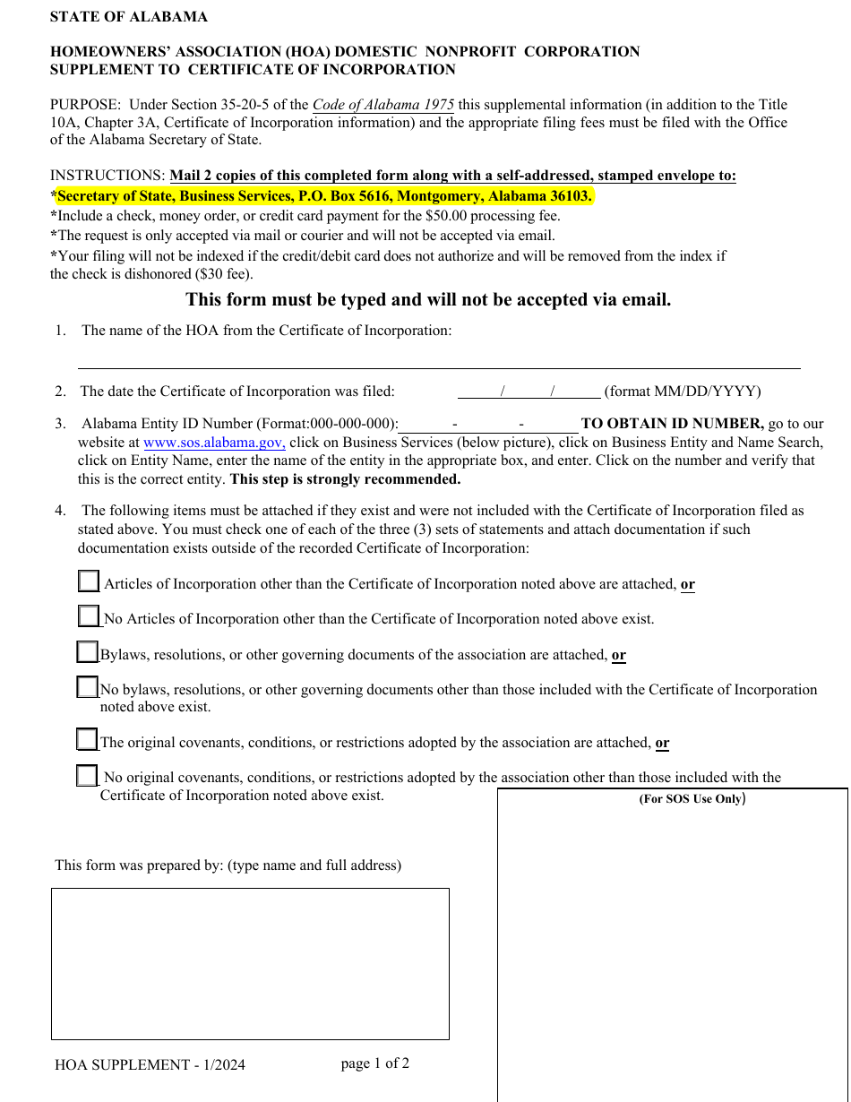 Alabama Homeowners' Association (Hoa) Domestic Nonprofit Corporation ...