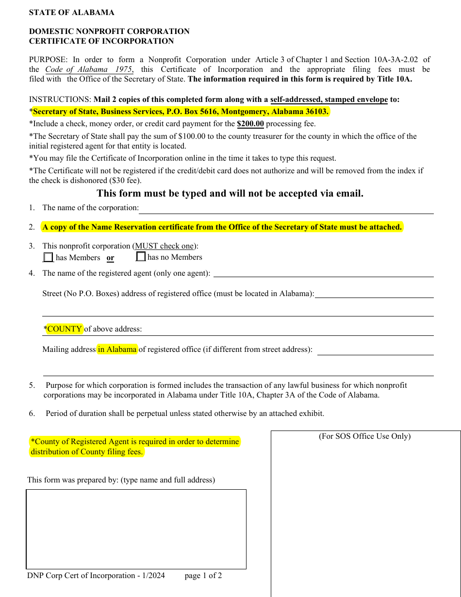 Alabama Domestic Nonprofit Corporation Certificate of Incorporation ...