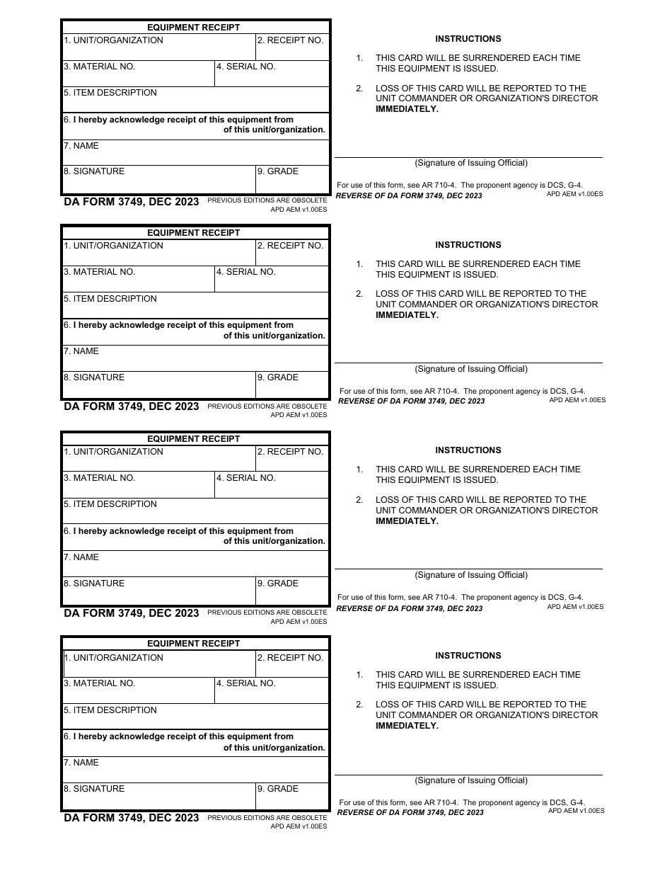 DA Form 3749 - Fill Out, Sign Online and Download Fillable PDF ...
