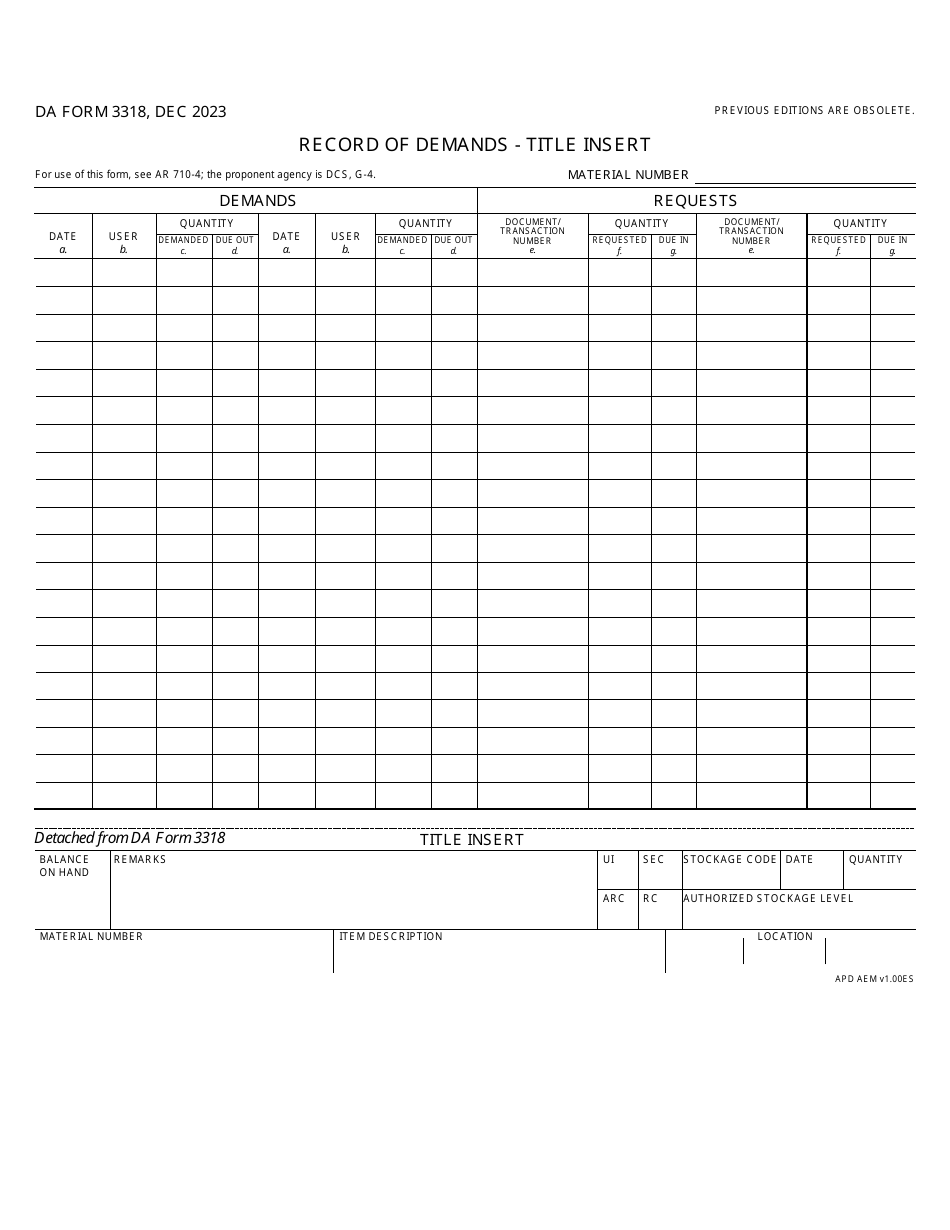 DA Form 3318 Download Fillable PDF or Fill Online Record of Demands ...