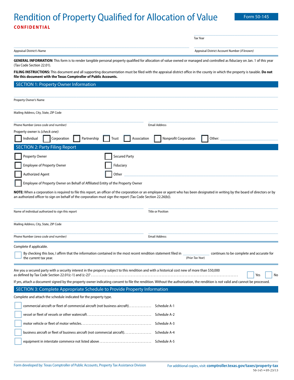 Form 50-145 Download Fillable PDF or Fill Online Rendition of Property ...