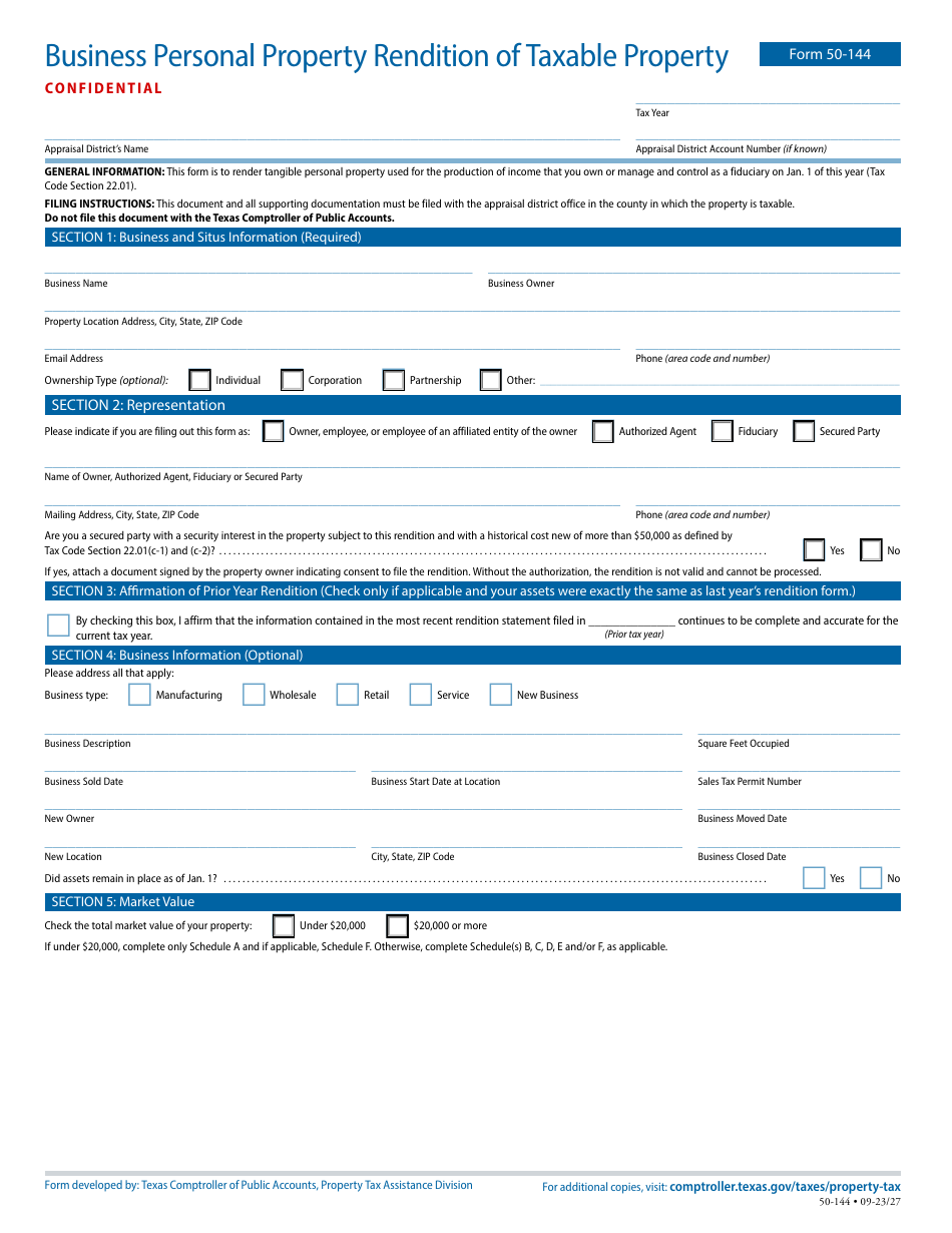 Form 50-144 Download Fillable PDF or Fill Online Business Personal ...