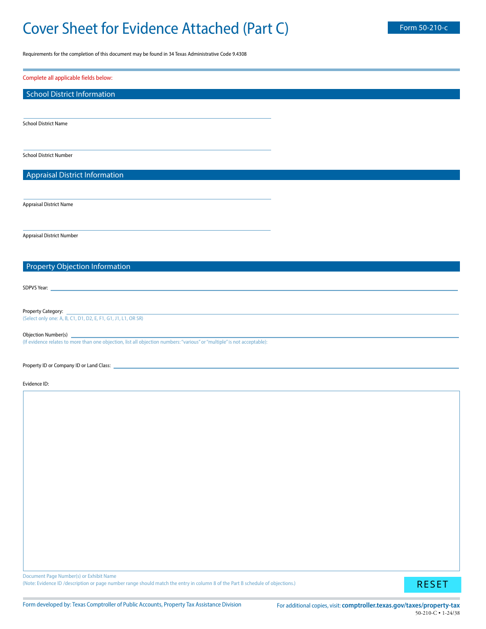 Form 50-210-C Part C Download Fillable PDF or Fill Online Cover Sheet for Evidence Attached ...