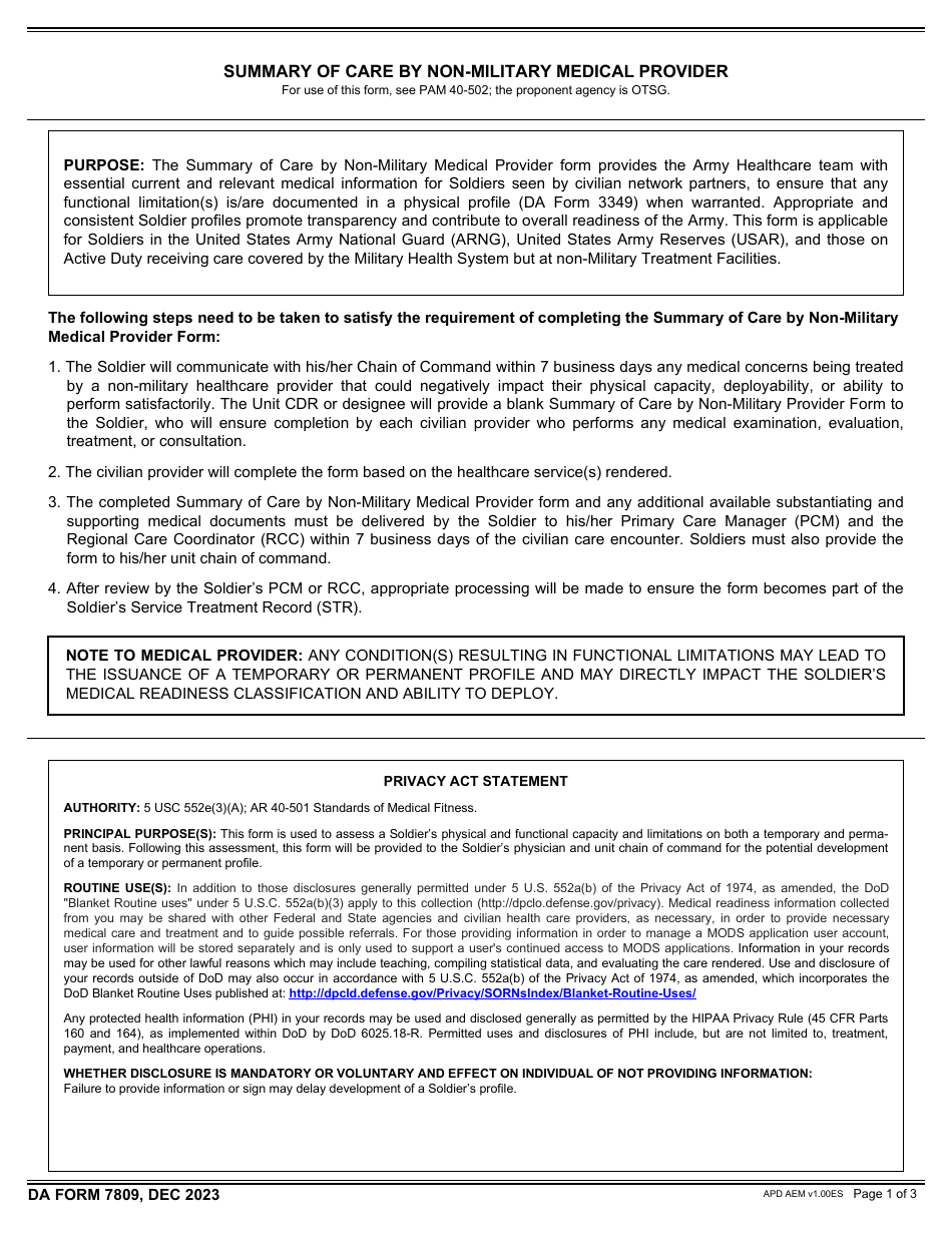 DA Form 7809 Download Fillable PDF or Fill Online Summary of Care by ...