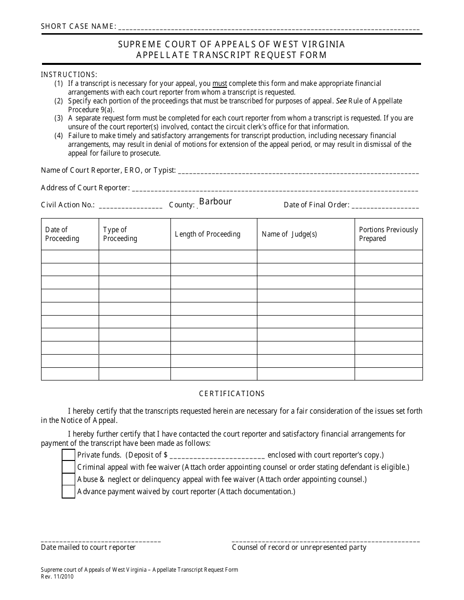 West Virginia Appellate Transcript Request Form - Fill Out, Sign Online ...