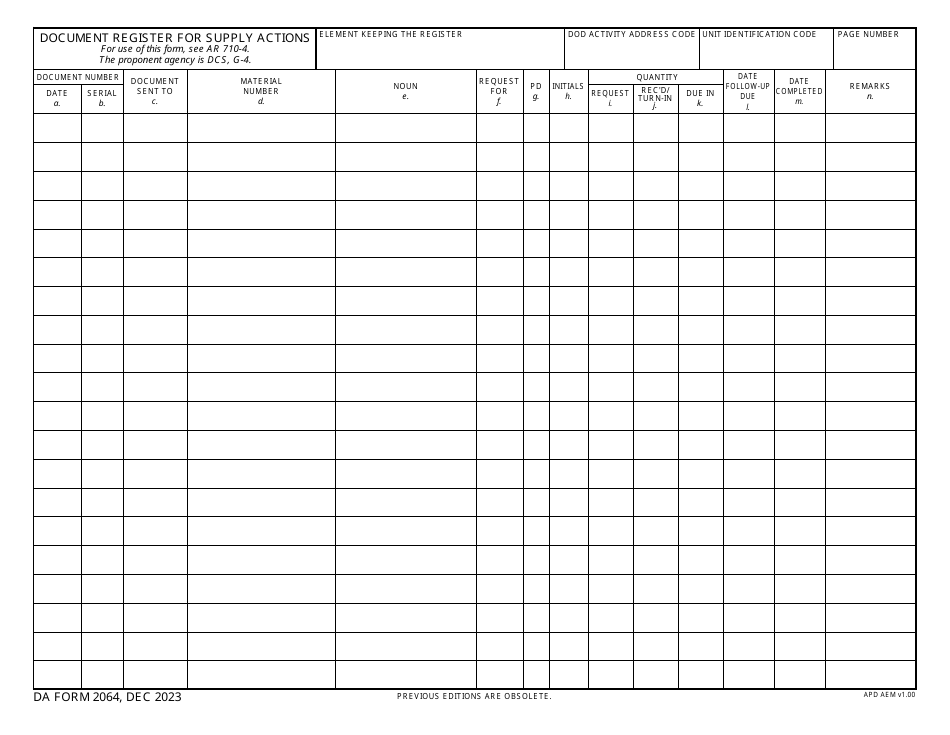 DA Form 2064 Download Fillable PDF or Fill Online Document Register for ...