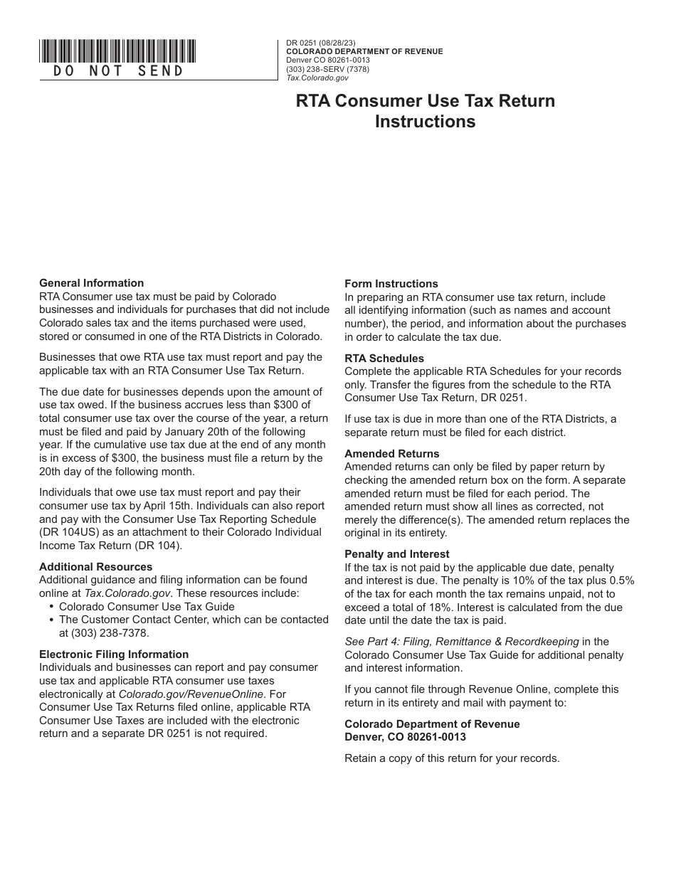 Form DR0251 Download Fillable PDF or Fill Online Rta Consumer Use Tax ...