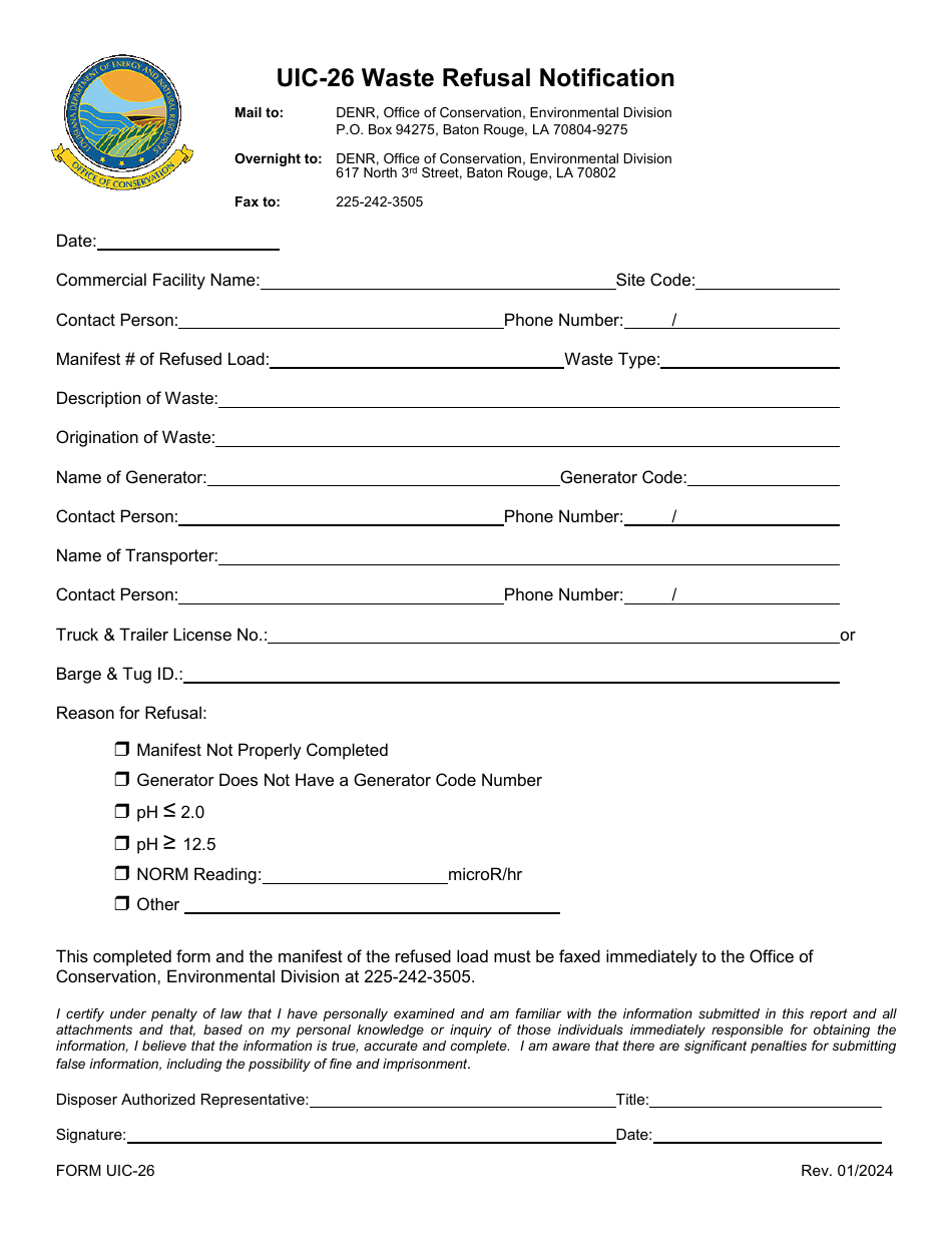Form UIC-26 Download Printable PDF or Fill Online Waste Refusal ...