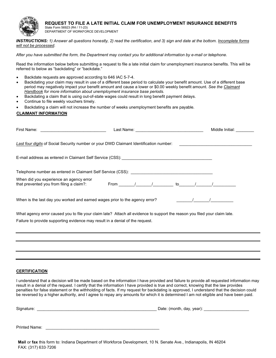 State Form 56923 Download Fillable PDF or Fill Online Request to File a ...